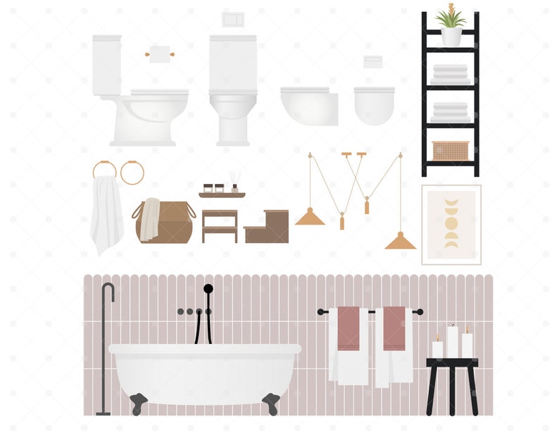 100 Flat Vector Illustration -bathroom Clip Art Set - Furniture ...