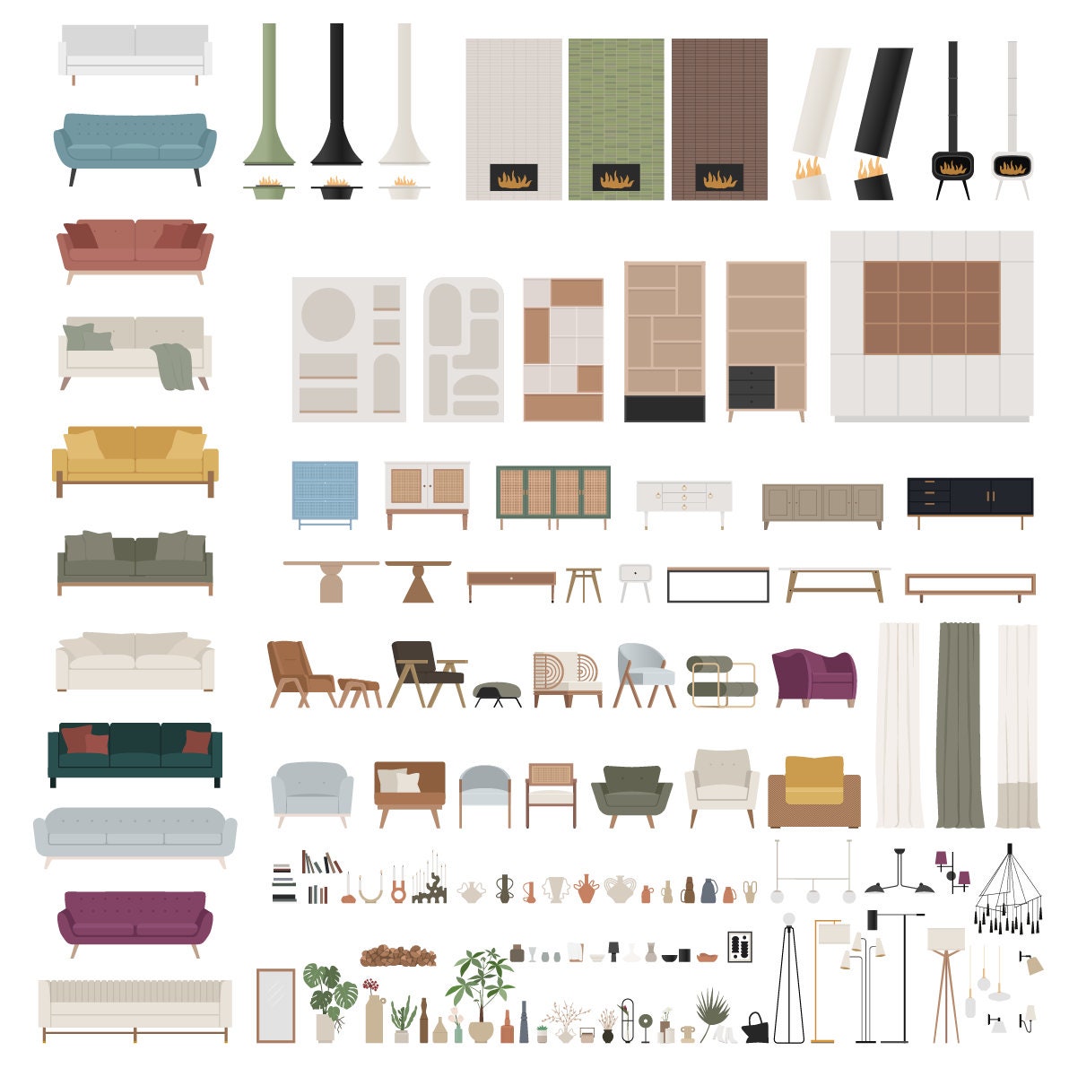 100 Flat Vector Illustration Living Room Clip Art Set - Etsy