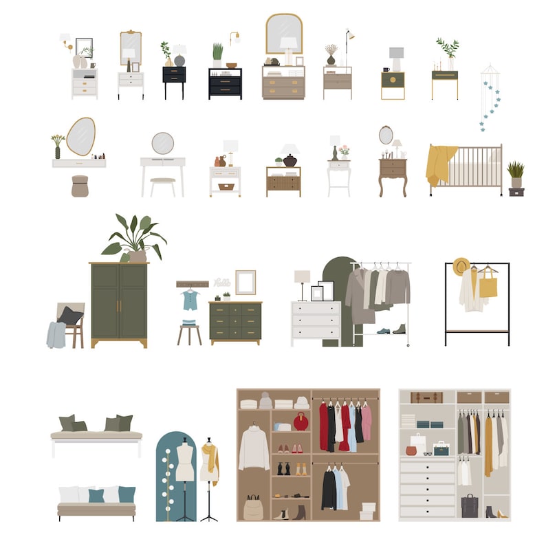 140+ Flat Vector Illustration - Bedroom Furniture Clip Art Set ...