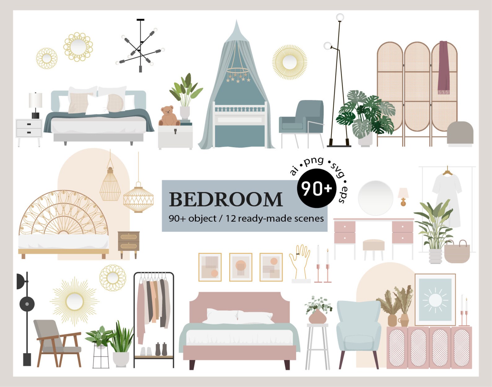 90 Flat Vector Illustration Bedroom Furniture Clip Art Set - Etsy