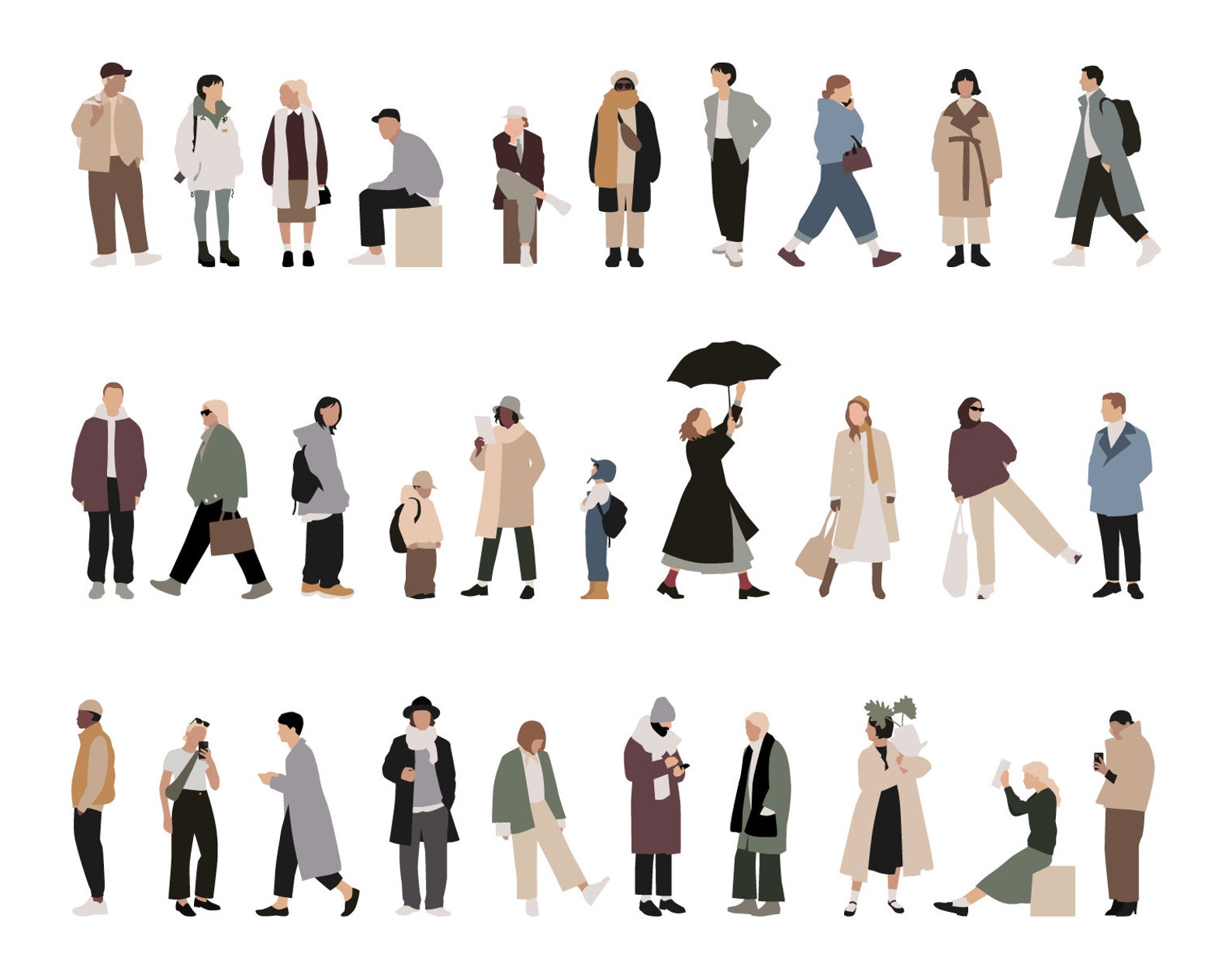 30 Flat Vector People - Walking People - Outdoor - Pack of 30 ...