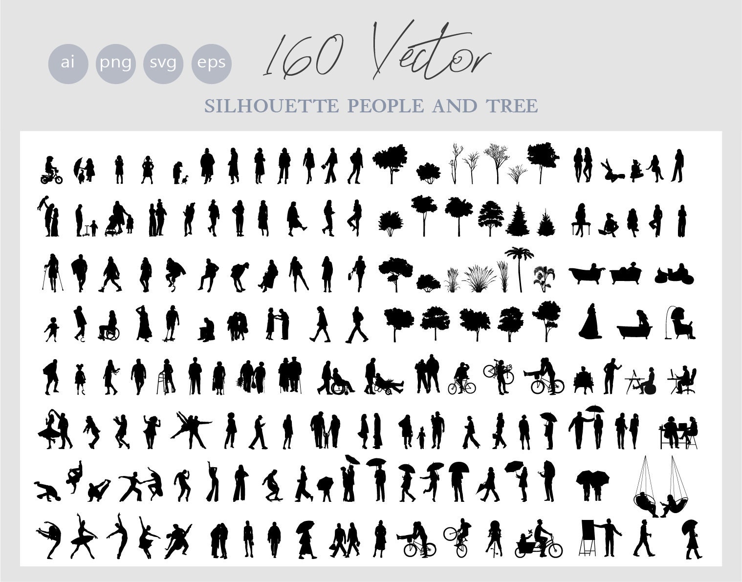 160 BIG SET - Silhouette Vector Cutout People and Trees- Ai - Png - Svg ...
