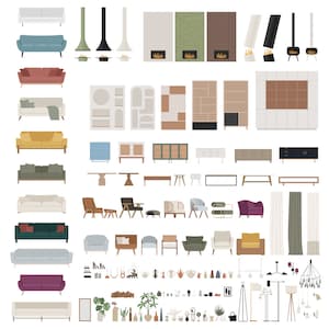 100+ Flat Vector Illustration - Living Room Clip Art Set - Furniture ...