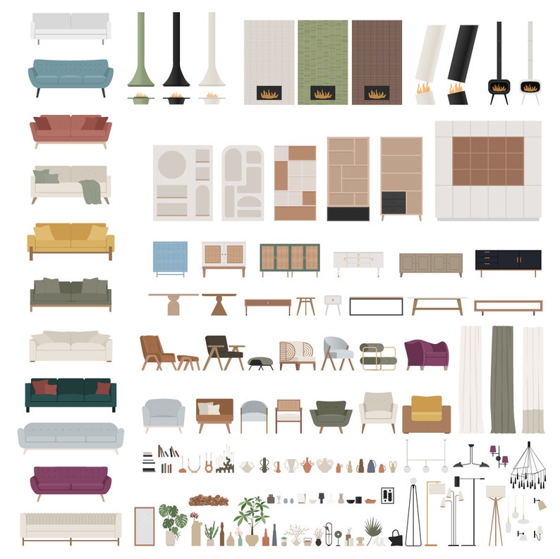 100+ Flat Vector Illustration - Living Room Clip Art Set - Furniture ...