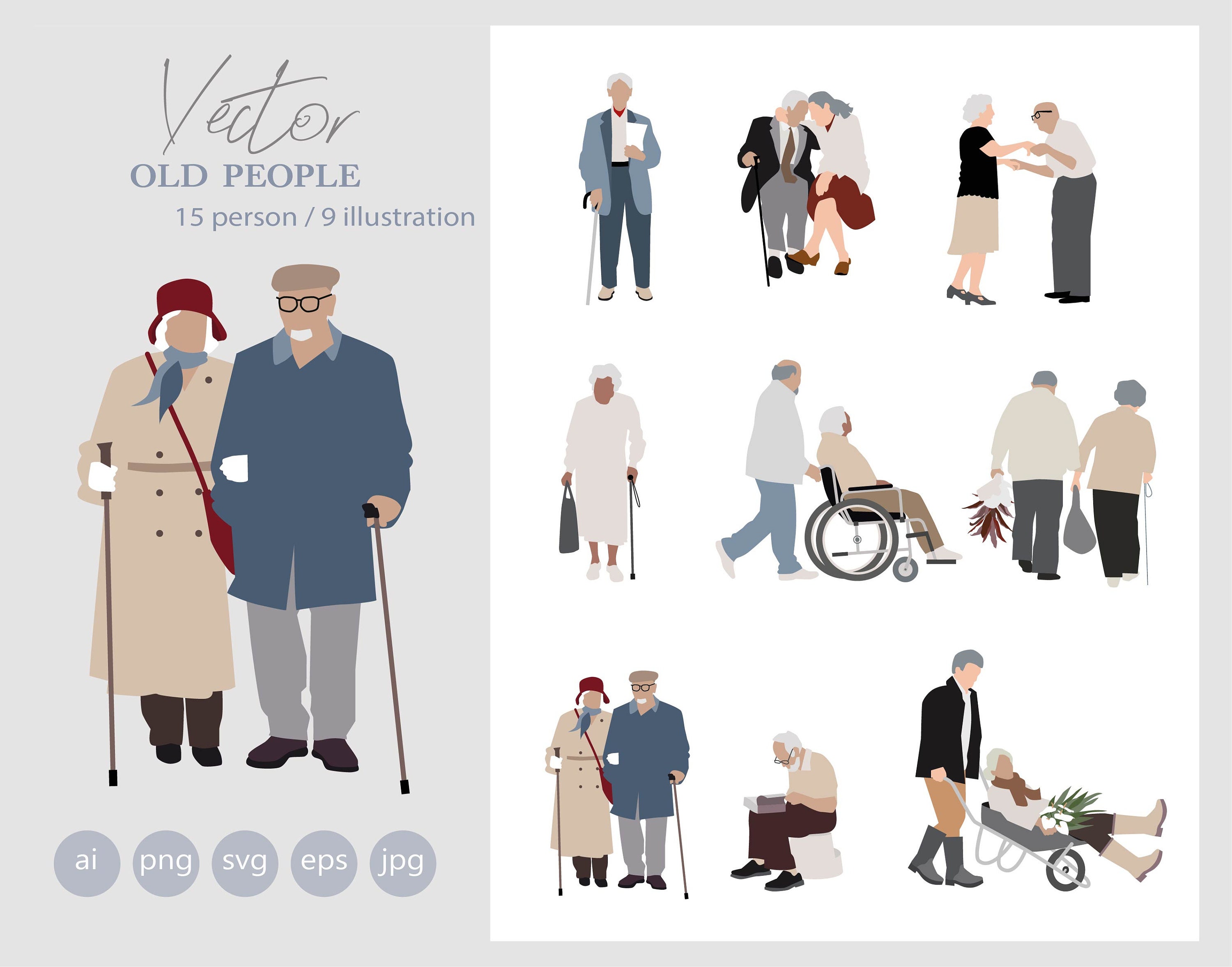 15 Flat Vector People Illustration - Elderly - Old People - Pack of 9 ...