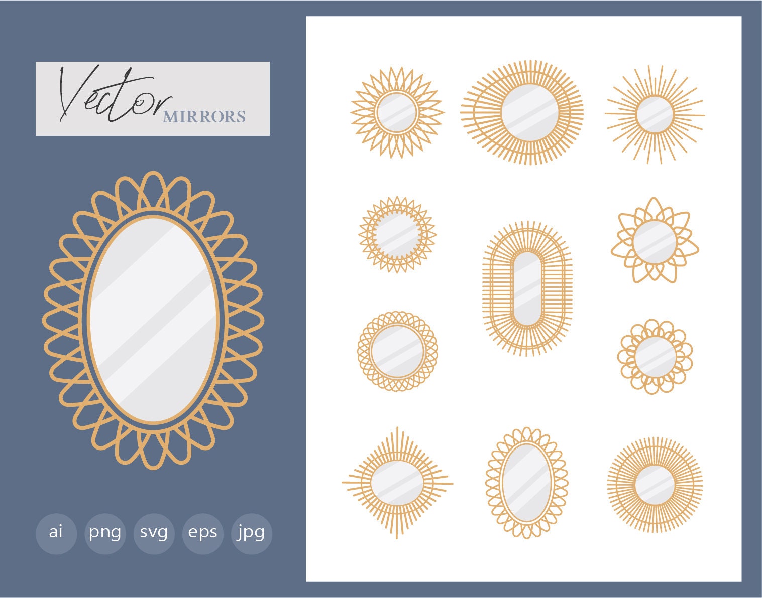 11 Flat Vector Illustration Mirrors Furniture Interior Decor Elements ...