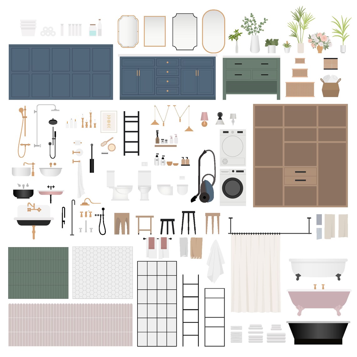 100 Flat Vector Illustration bathroom Clip Art Set Furniture Interior ...