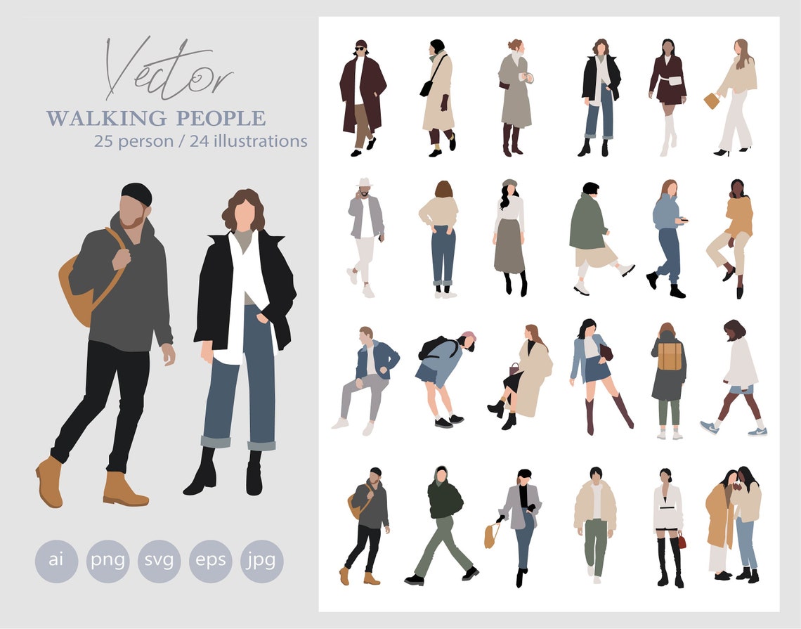 25 Flat Vector People - Walking People - Outdoor - Pack of 24 ...