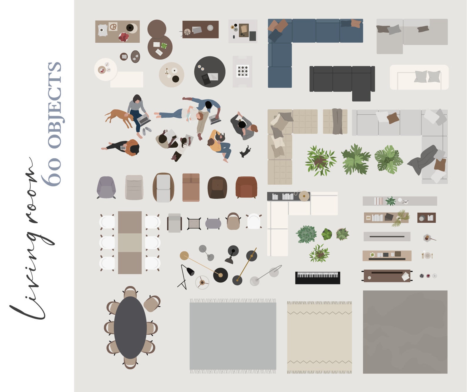 60+ Flat Vector Illustration TOP View- Furniture and Decor Elements ...