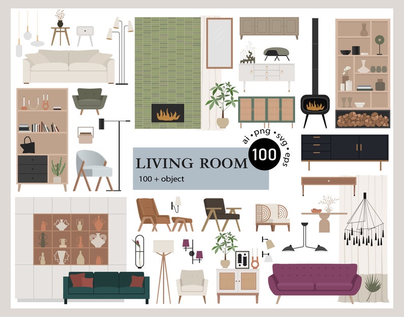 100+ Flat Vector Illustration - Living Room Clip Art Set - Furniture ...