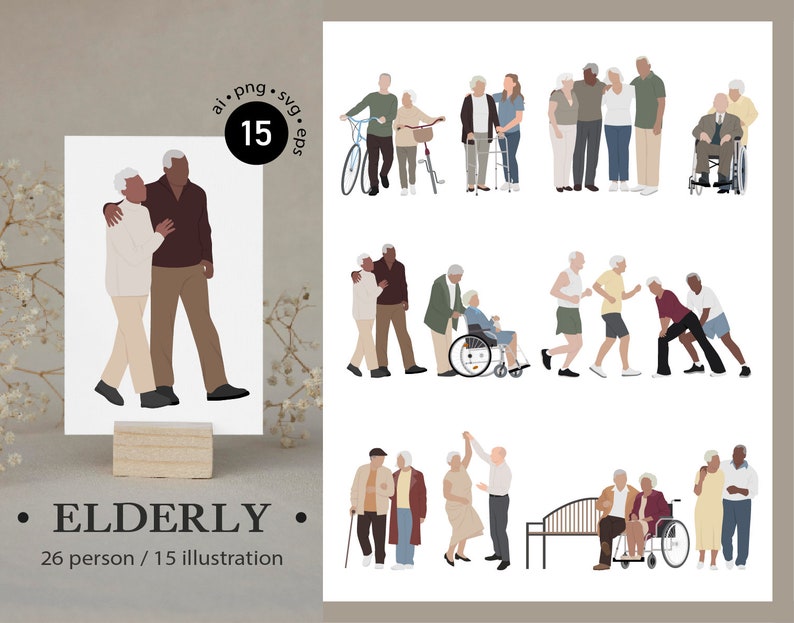 15 Flat Vector People Illustration AI - Old People - Elderly Faceless ...