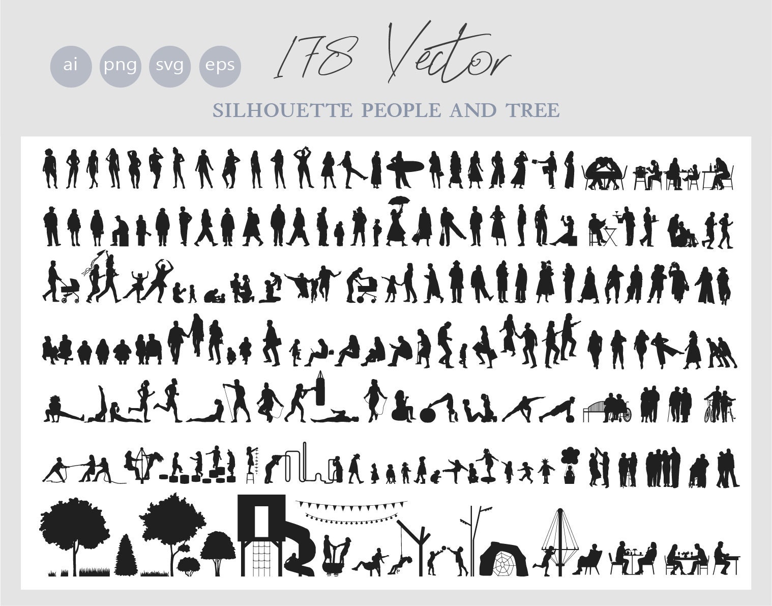 178 BIG SET - Silhouette Vector Cutout People, Children and Trees- Ai ...