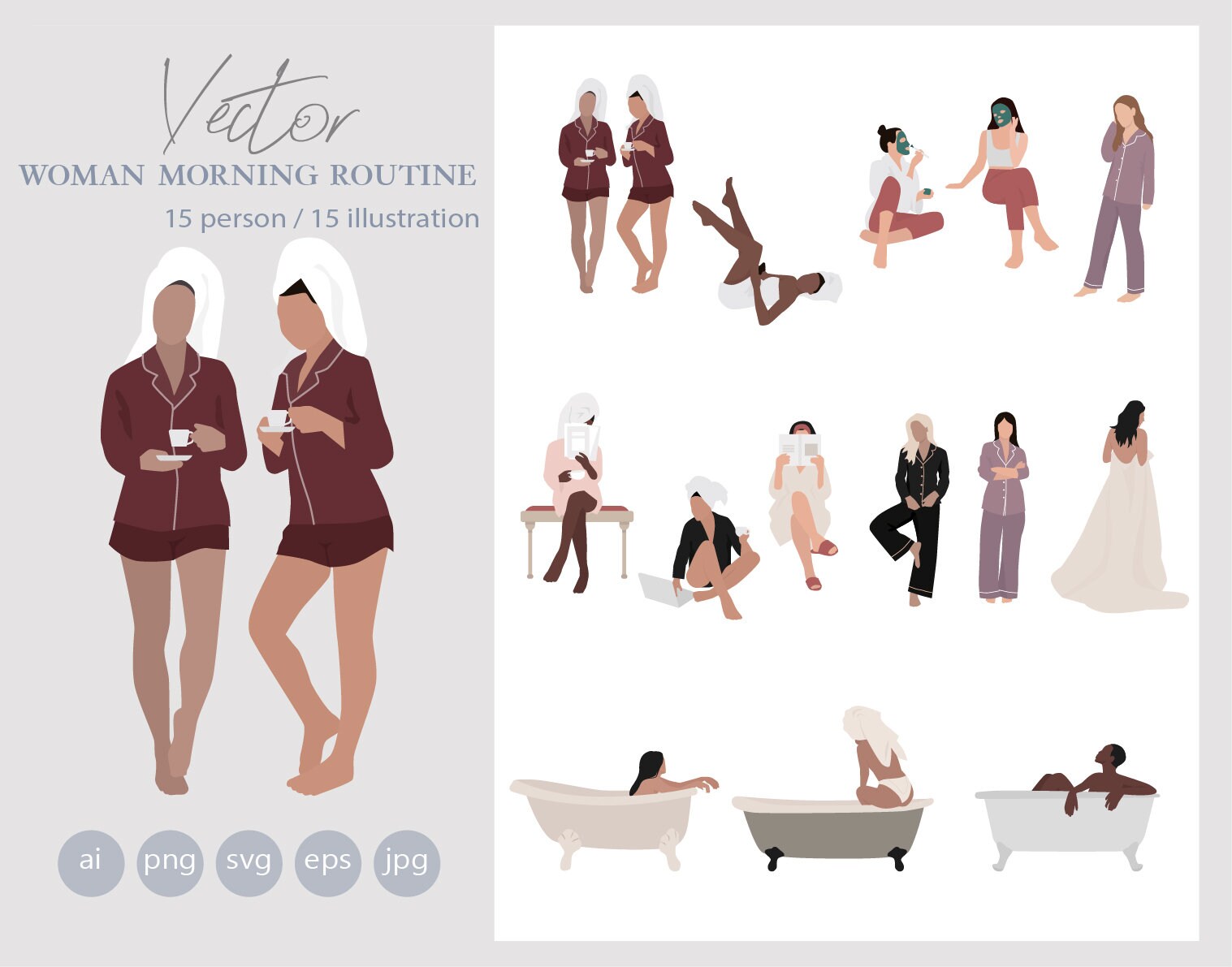 15 Flat Vector People - Woman Morning Routine - Pack of 15 ...