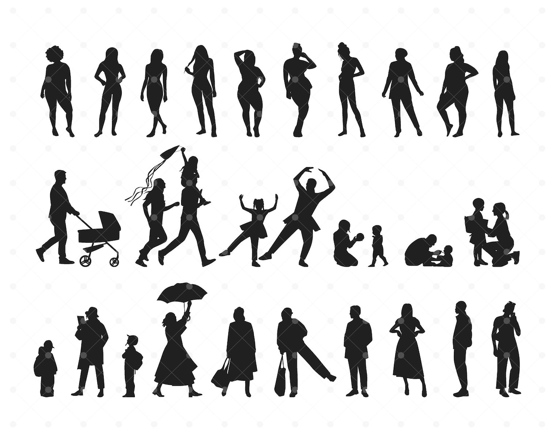178 BIG SET - Silhouette Vector Cutout People, Children and Trees- Ai ...