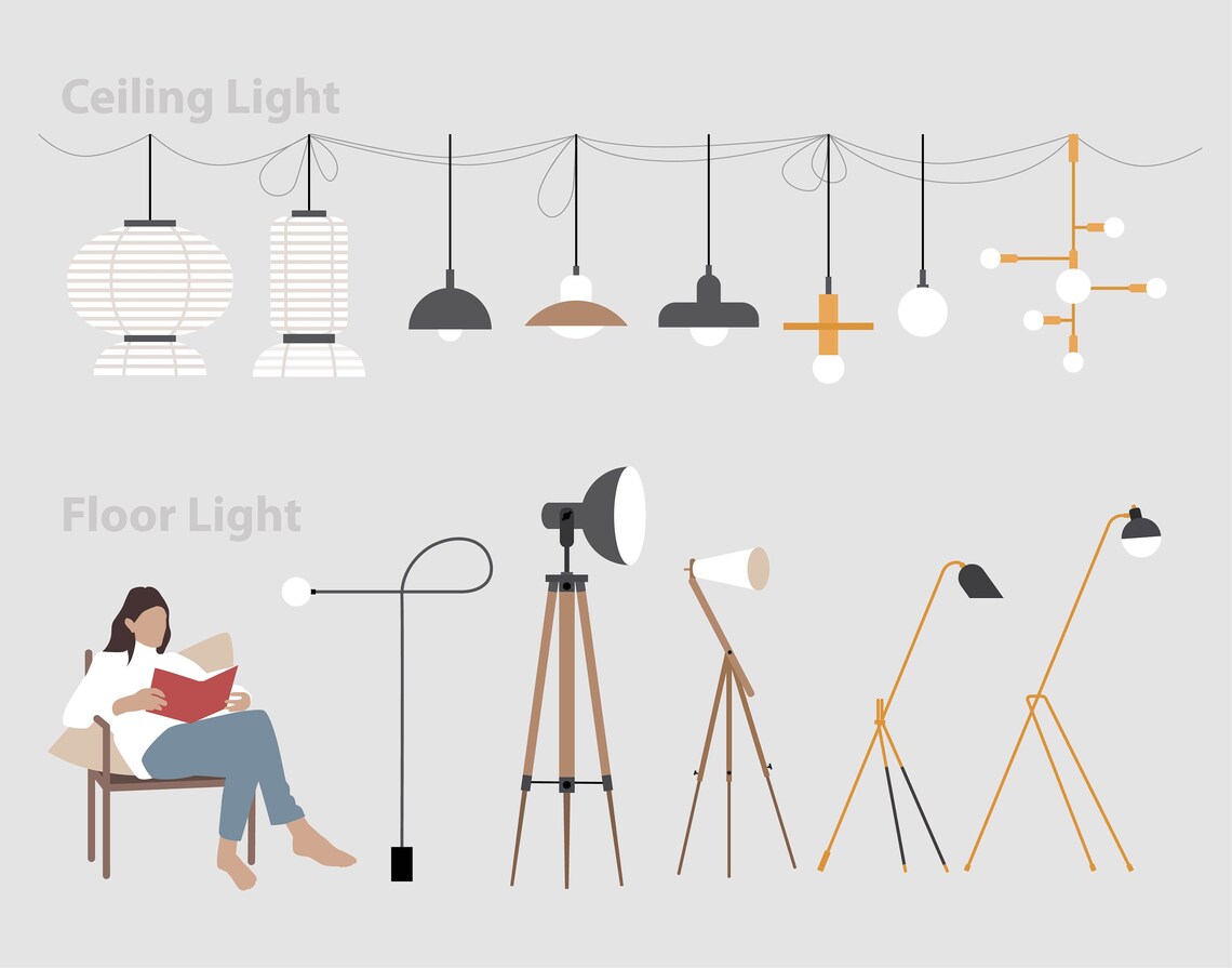 14 Flat Vector Illustration Light Furniture Interior Decor Elements ...