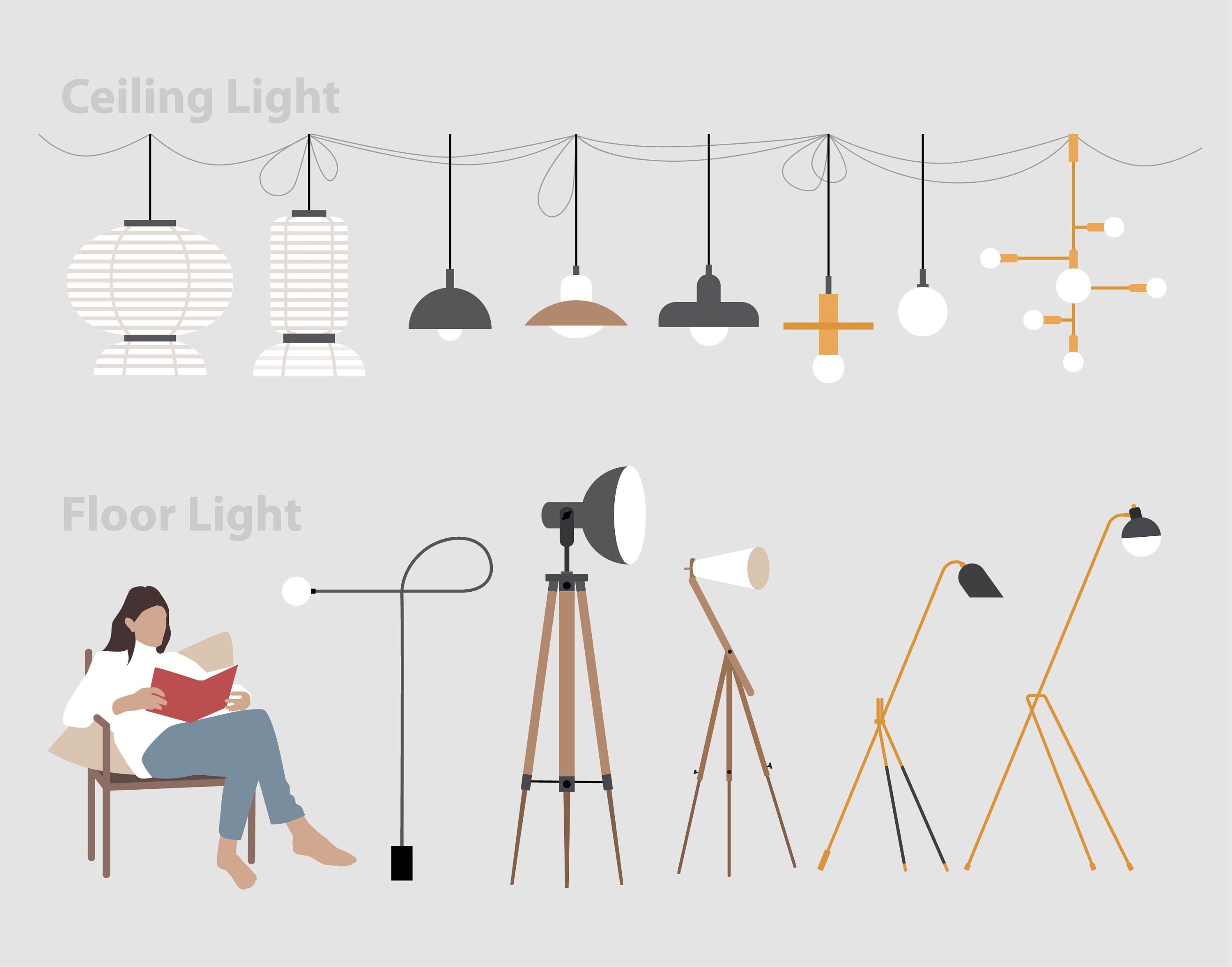 14 Flat Vector Illustration Light Furniture Interior Decor Elements ...