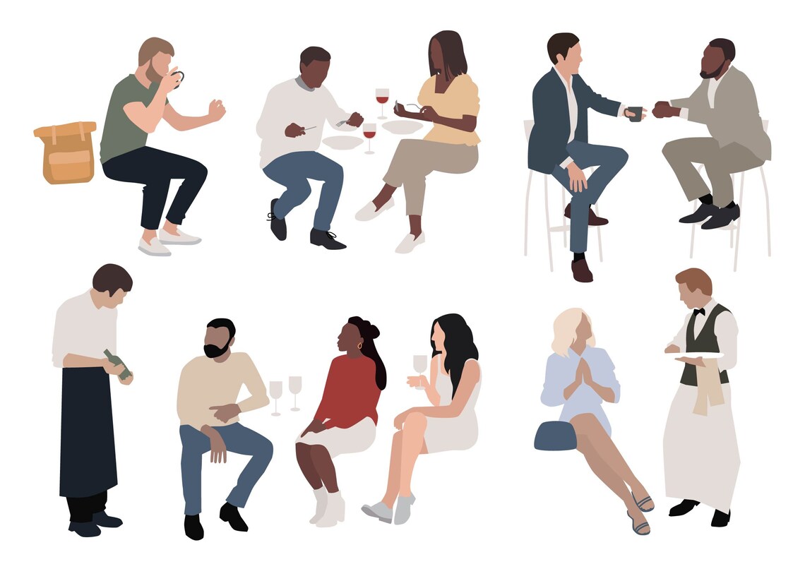 11 Flat Vector People Illustration AI - People Eat - Restaurant Indoor ...