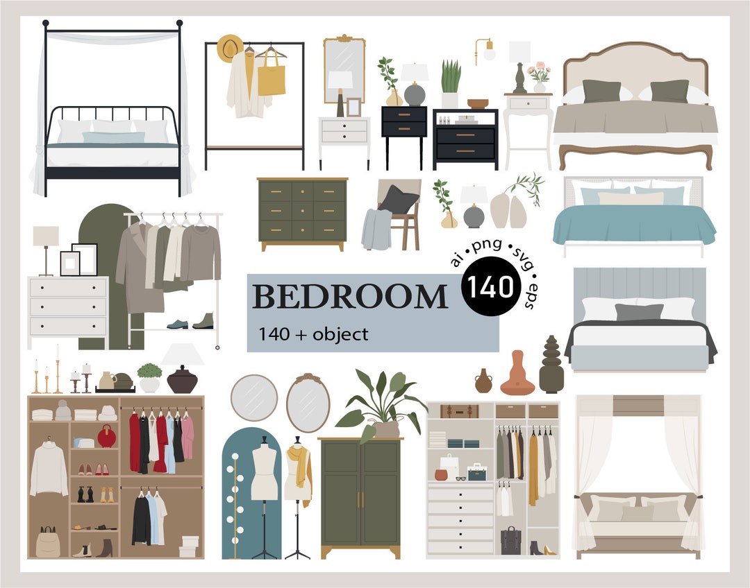 140+ Flat Vector Illustration - Bedroom Furniture Clip Art Set ...