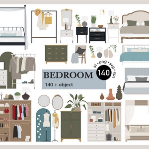 140+ Flat Vector Illustration - Bedroom Furniture Clip Art Set ...
