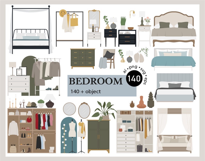 140 Flat Vector Illustration Bedroom Furniture Clip Art Set Furniture ...