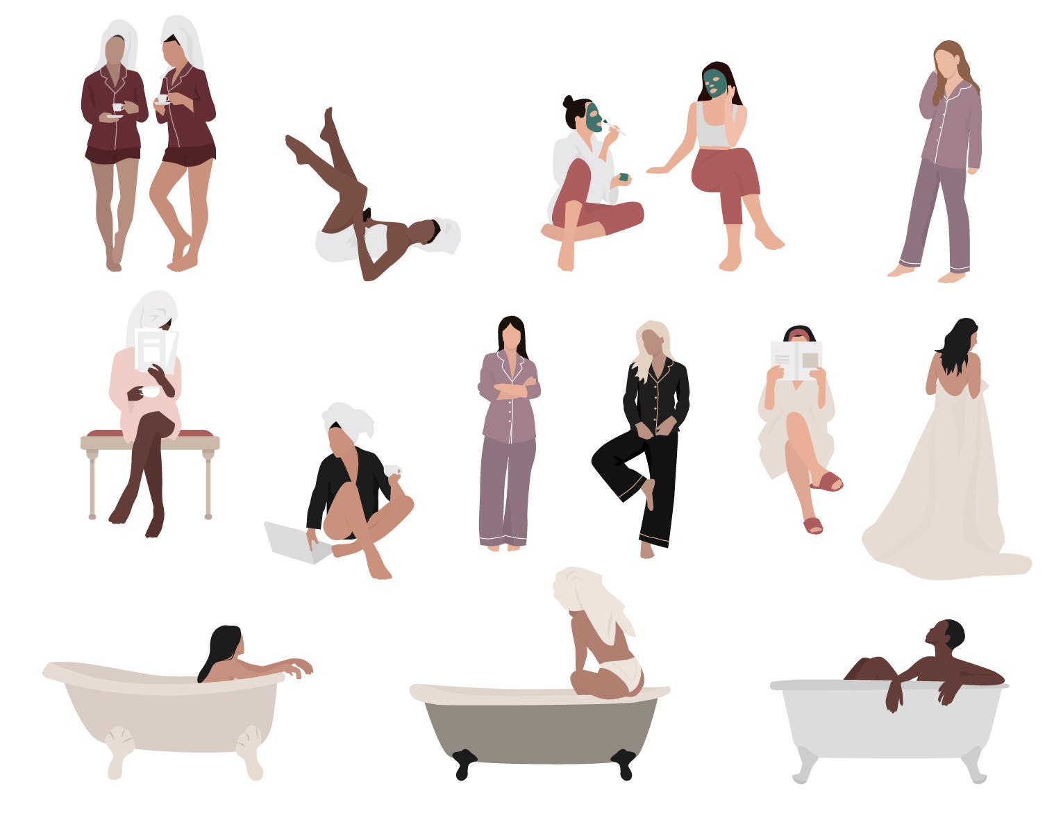 15 Flat Vector People - Woman Morning Routine - Pack of 15 ...