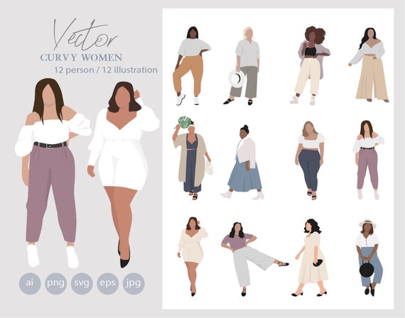 12 Flat Vector People Curvy Women Pack of 12 Illustration | Etsy