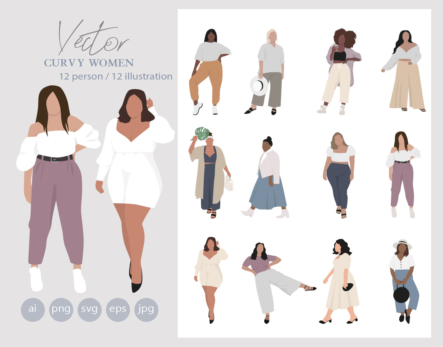 12 Flat Vector People - Curvy Women - Pack of 12 Illustration - AI ...