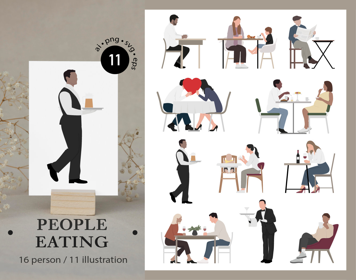 11 Flat Vector People Illustration AI - People Eat - Restaurant Indoor ...
