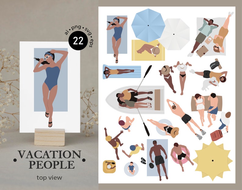 22 Flat Vector People - Top View - Vacation - Pack of 22 Illustration ...