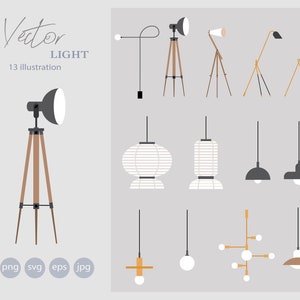 14 - Flat Vector Illustration - Light - Furniture Interior Decor ...