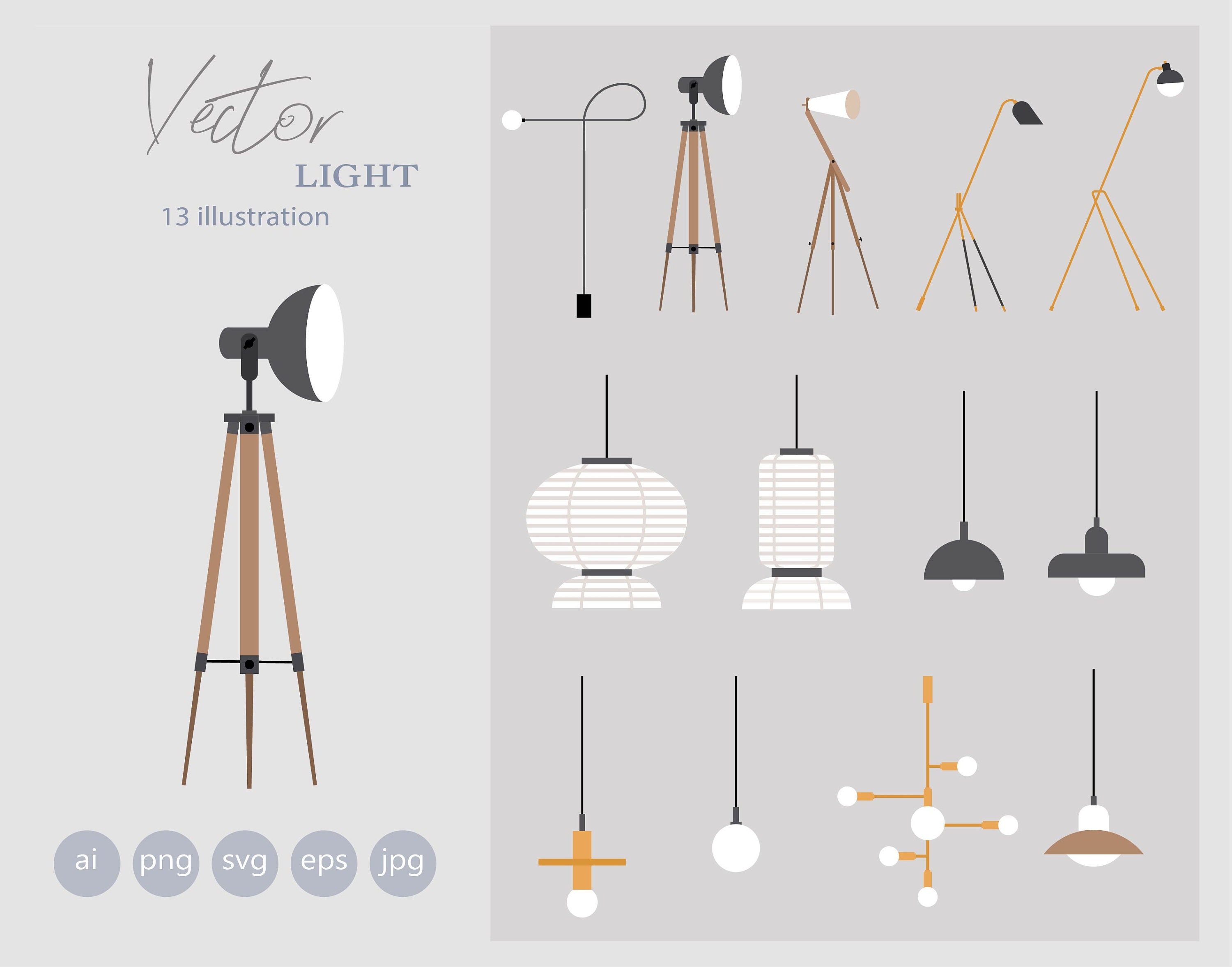 14 - Flat Vector Illustration - Light - Furniture Interior Decor ...