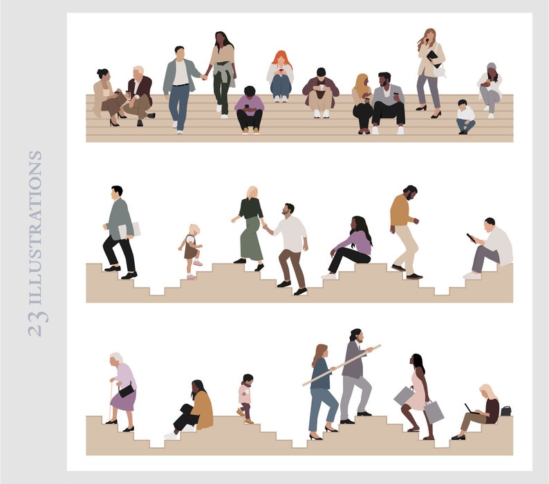23 Flat Vector People - People on the Stairs - Outdoor - Pack of 23 ...