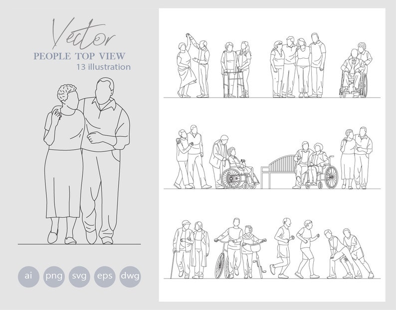 15 Line Vector People Illustration AI - Old People - Elderly Faceless ...