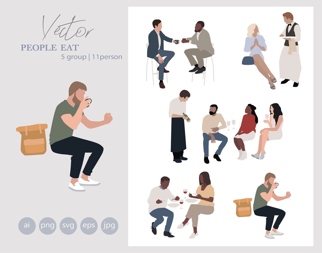 11 Flat Vector People Illustration AI - People Eat - Restaurant Indoor ...