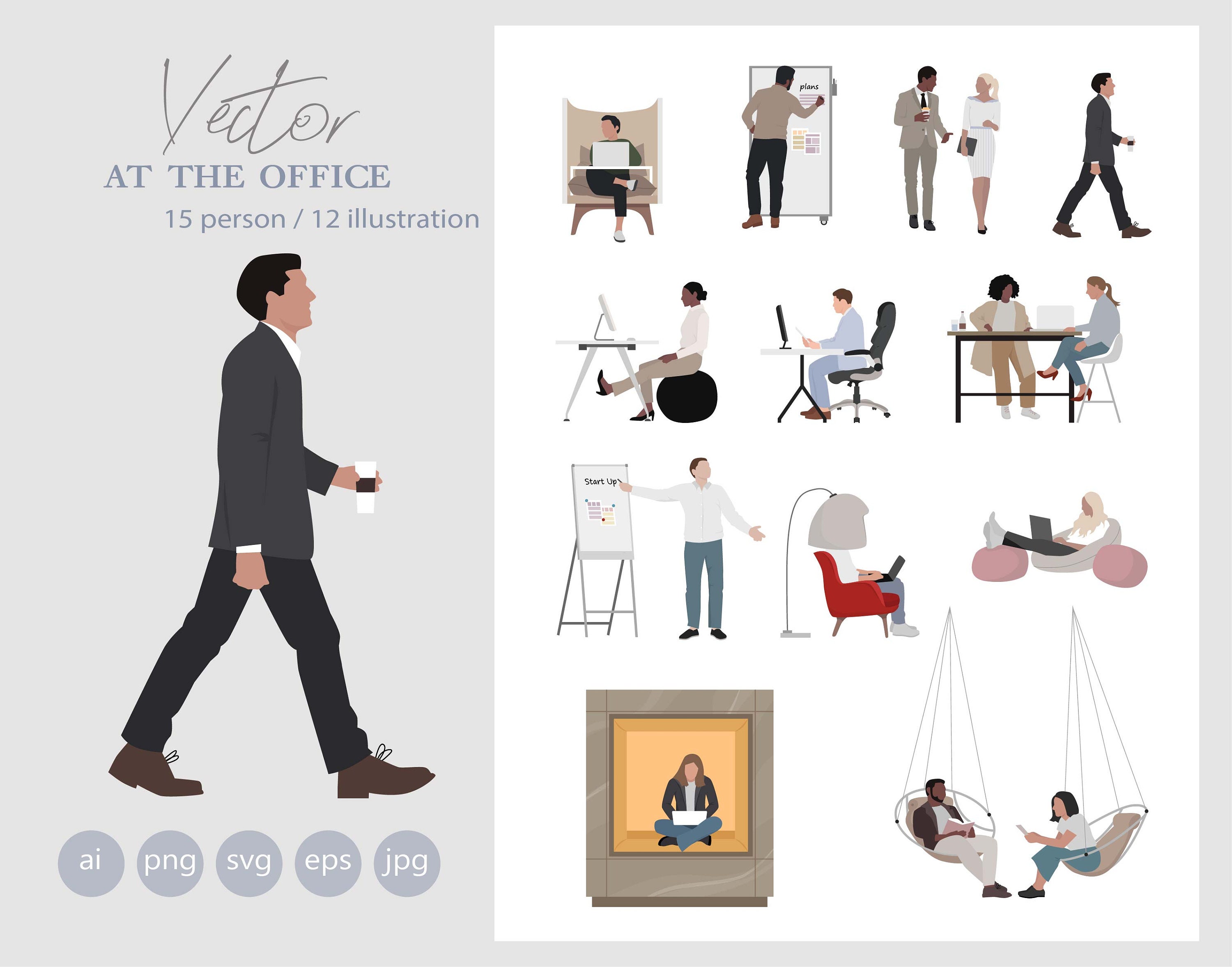 15 Flat Vector People Illustration - Working People - Indoor - Pack of ...