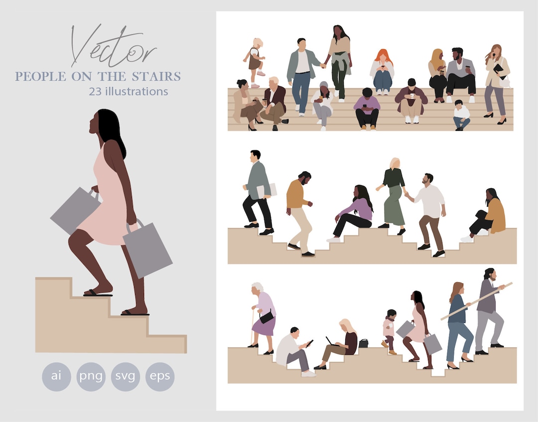 23 Flat Vector People - People on the Stairs - Outdoor - Pack of 23 ...