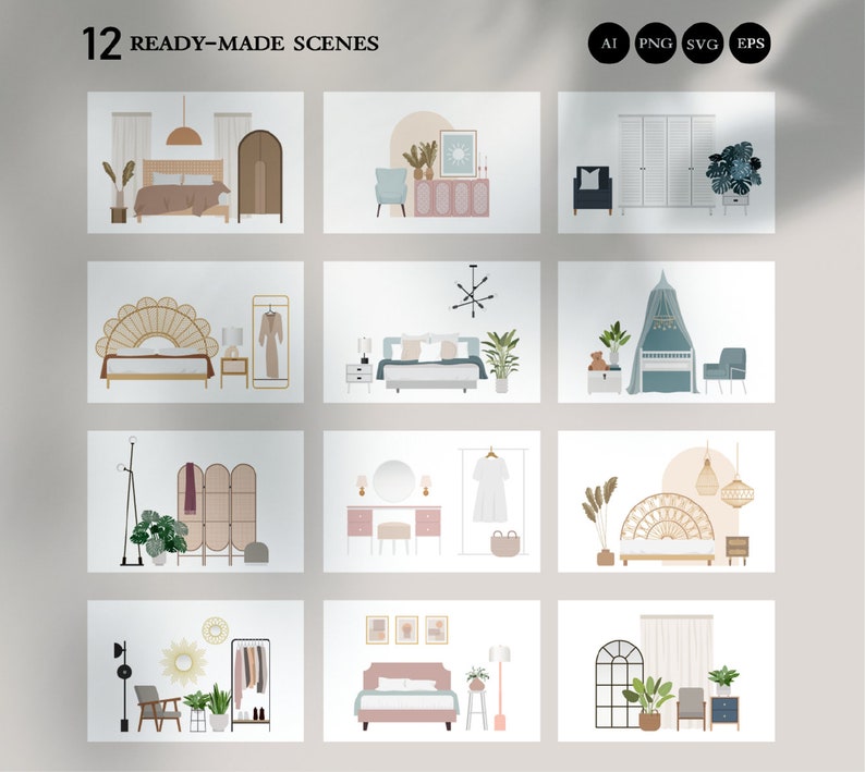 90 Flat Vector Illustration Bedroom Furniture Clip Art Set - Etsy