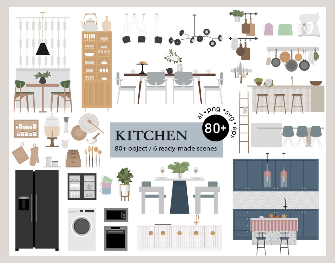 80+ Flat Vector Illustration - Kitchen Clip Art Set - Furniture ...