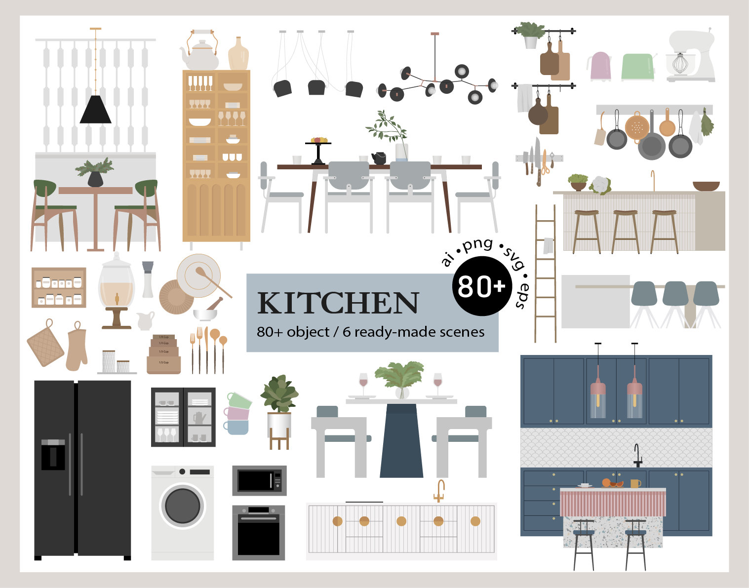 80+ Flat Vector Illustration - Kitchen Clip Art Set - Furniture ...