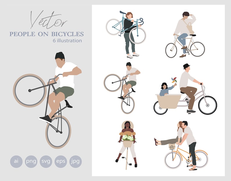 6 Flat Vector People Illustration AI - Bicyclist - SVG Clipart - Etsy