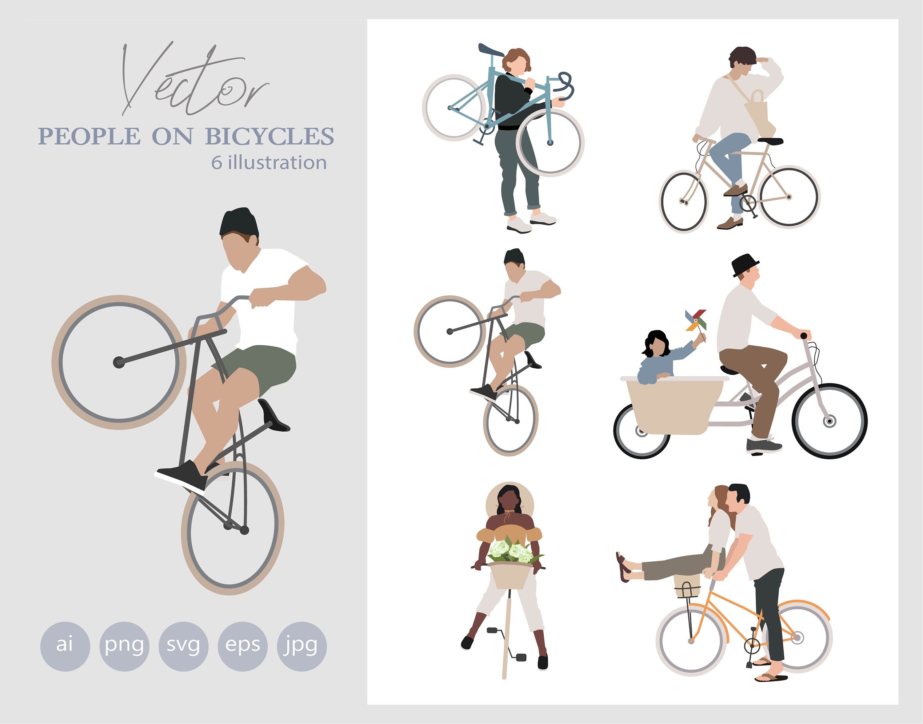 6 Flat Vector People Illustration AI - Bicyclist - SVG Clipart - Etsy