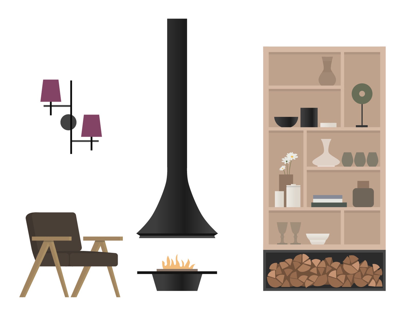 100 Flat Vector Illustration Living Room Clip Art Set Furniture ...