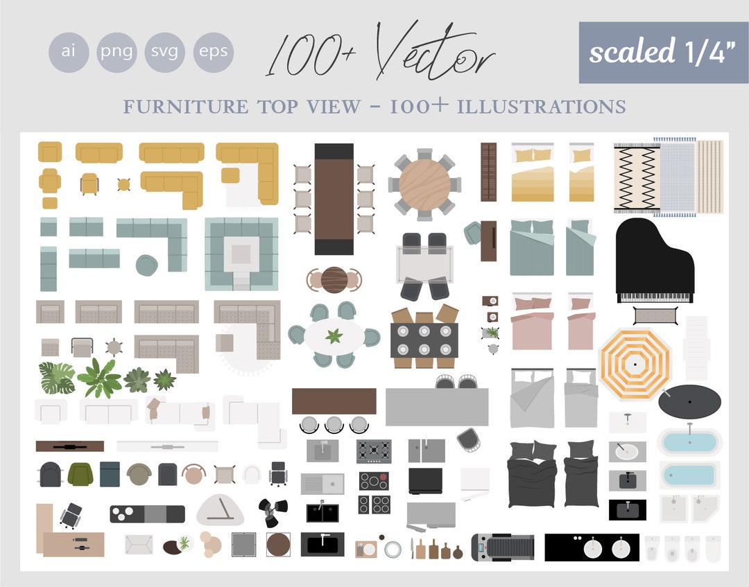 100+ Scaled 1/4” Flat Vector Illustrations TOP View - Furniture ...