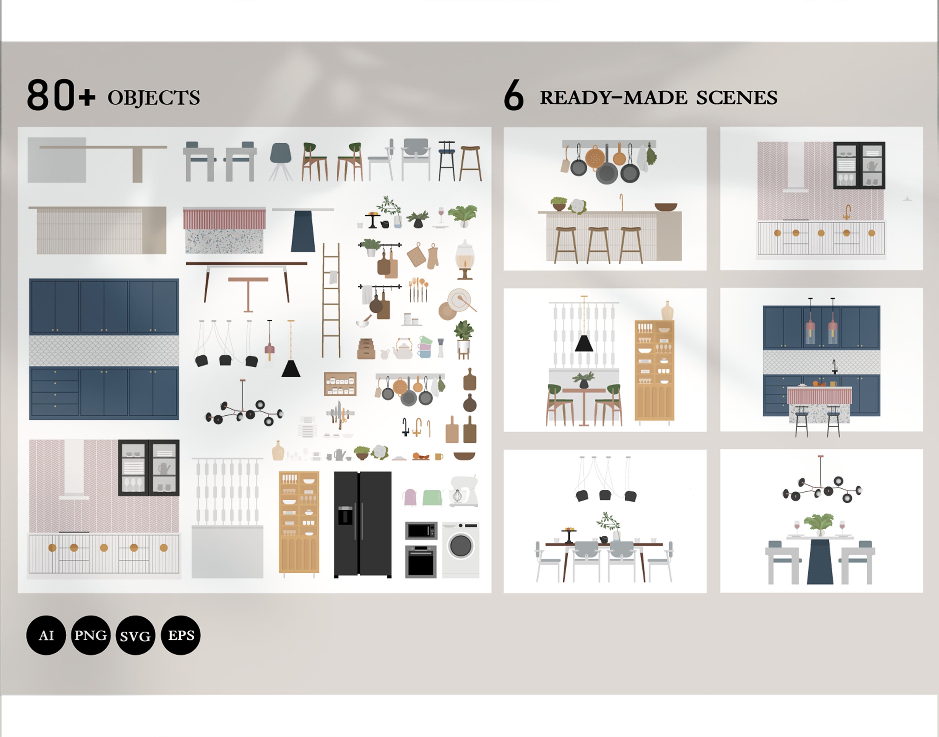 80+ Flat Vector Illustration - Kitchen Clip Art Set - Furniture ...