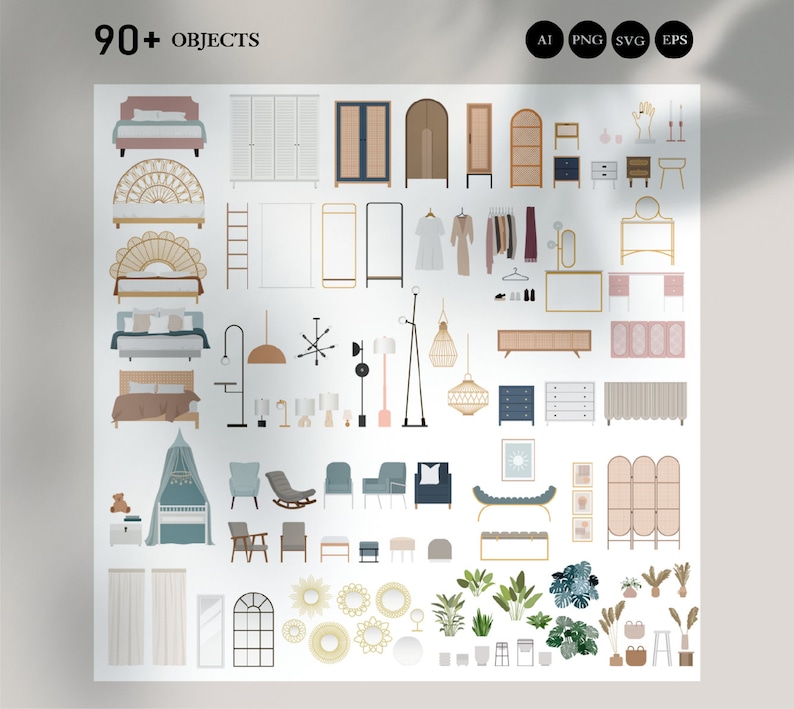 90 Flat Vector Illustration Bedroom Furniture Clip Art Set - Etsy