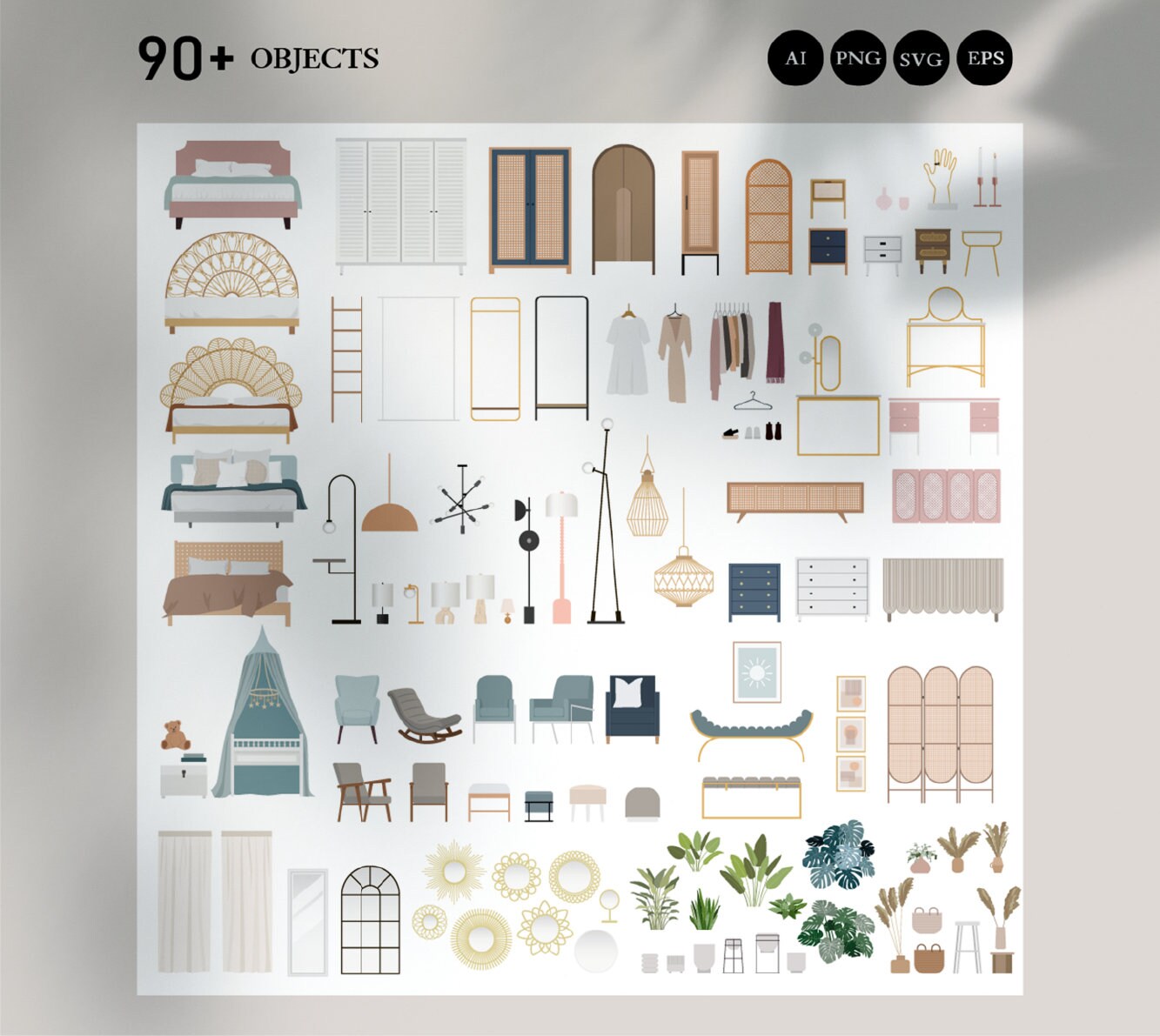 90 Flat Vector Illustration Bedroom Furniture Clip Art Set - Etsy