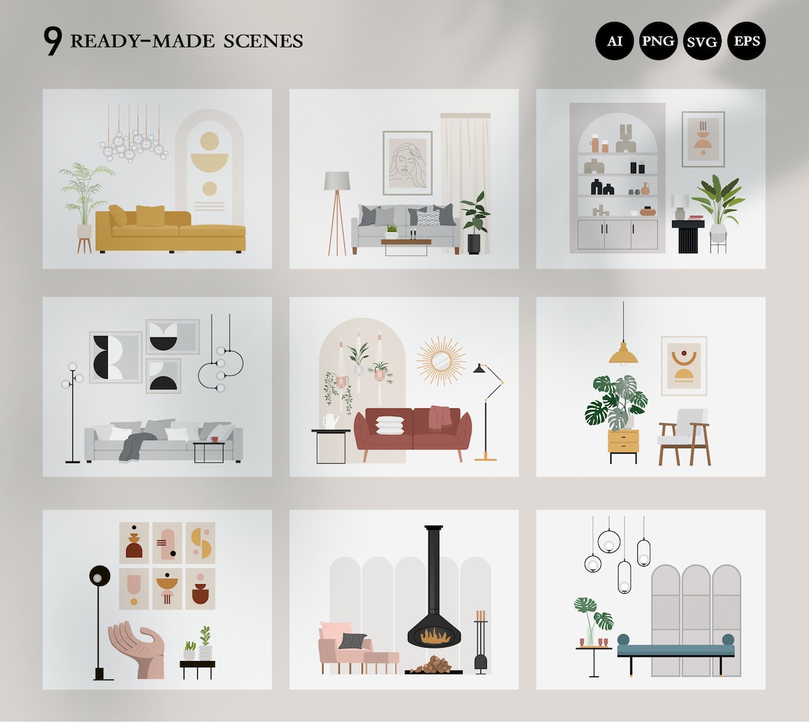 80 Flat Vector Illustration Living Room Clip Art Set | Etsy