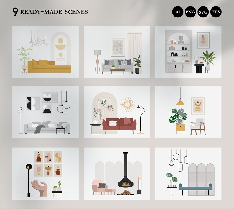 80+ Flat Vector Illustration - Living Room Clip Art Set - Furniture ...
