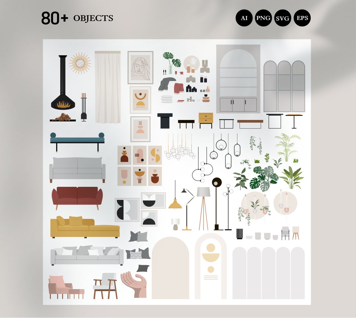 80 Flat Vector Illustration Living Room Clip Art Set | Etsy