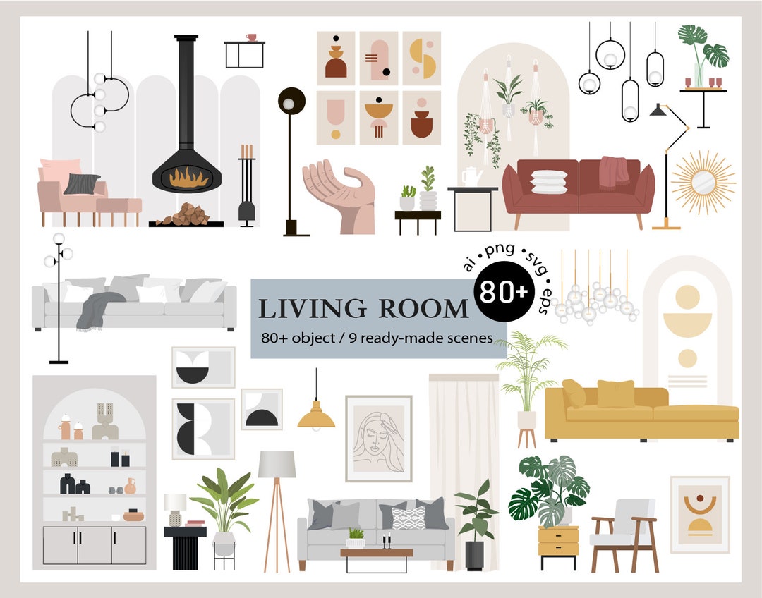 80+ Flat Vector Illustration - Living Room Clip Art Set - Furniture ...